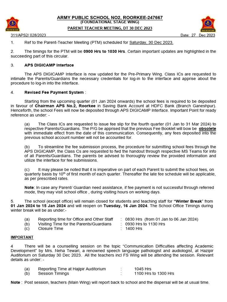 PTM Notice and Fee Update for Parents | PDF