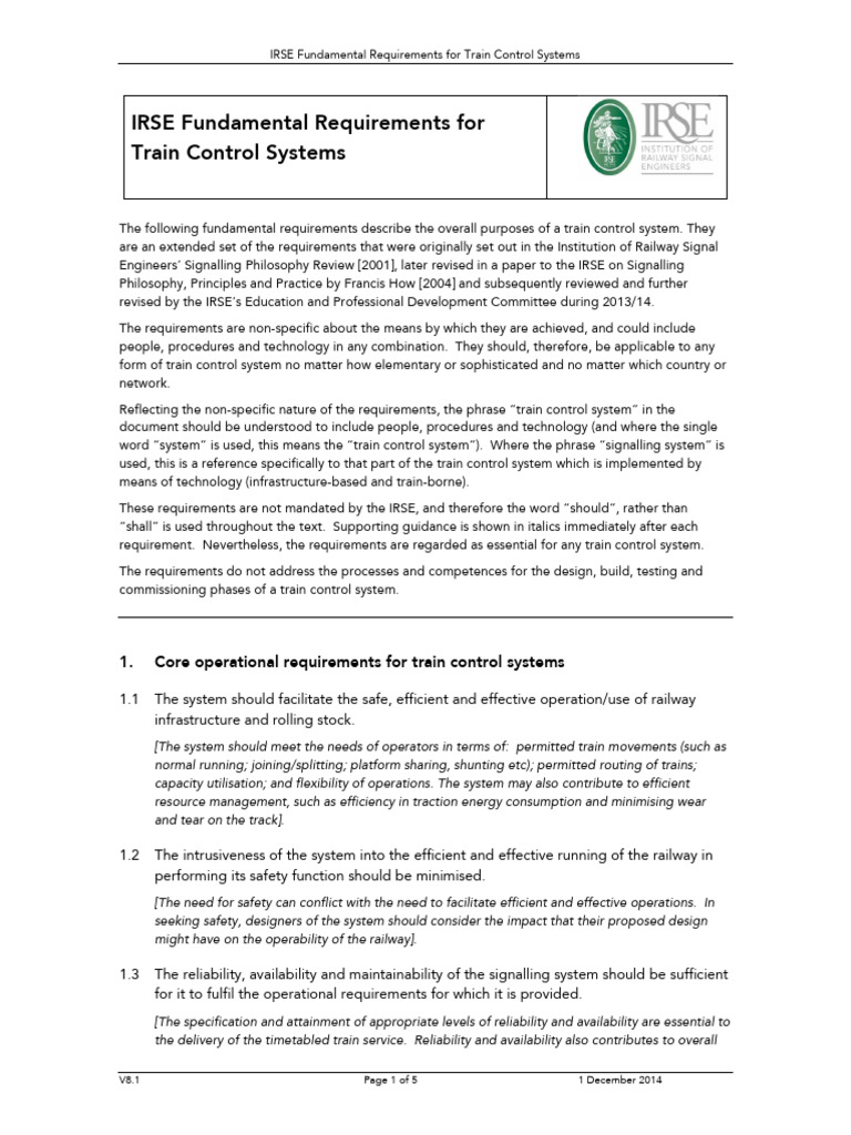 IRSE Fundamental Requirements For Train Control Systems (v8.1) | PDF ...