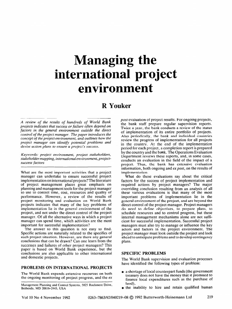 Youker - 1992 - Managing The International Project | PDF | Power ...