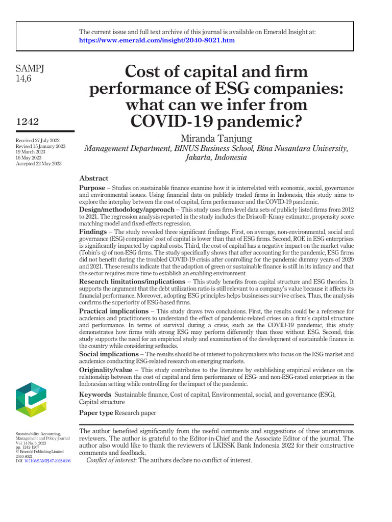 Cost of Capital and Firm Performance of ESG Companies What Can We Infer ... Cost of Capital and Firm Performance of ESG Companies What Can We Infer ...
