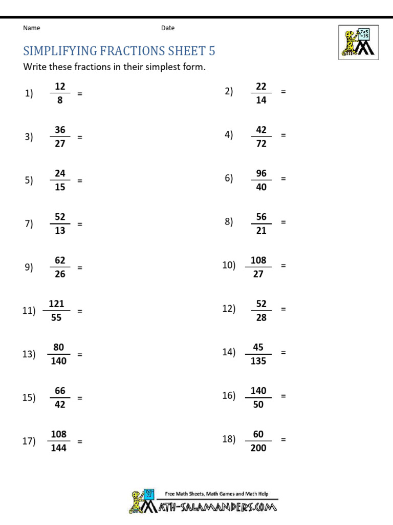 Simplifying Fractions Worksheet 5 | PDF