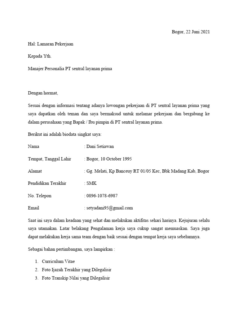 Lamaran Kerja Dani Setiawan-3 | PDF