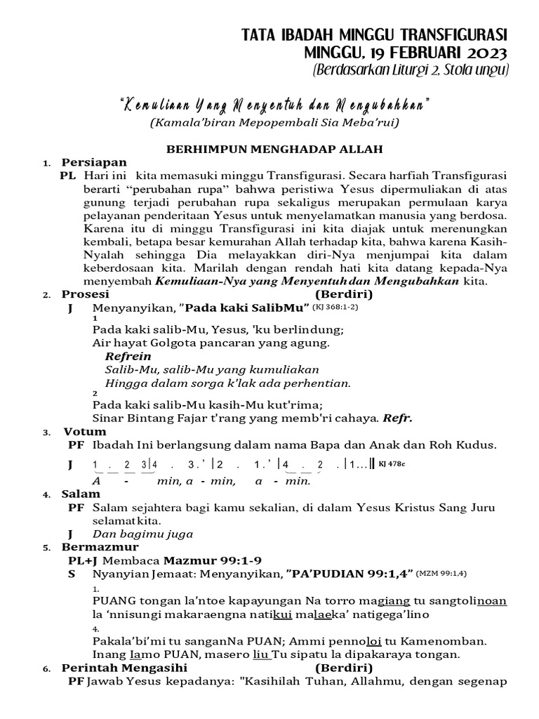 Tata Ibadah Minggu Transfigurasi - Minggu 19 Februari 2023 | PDF