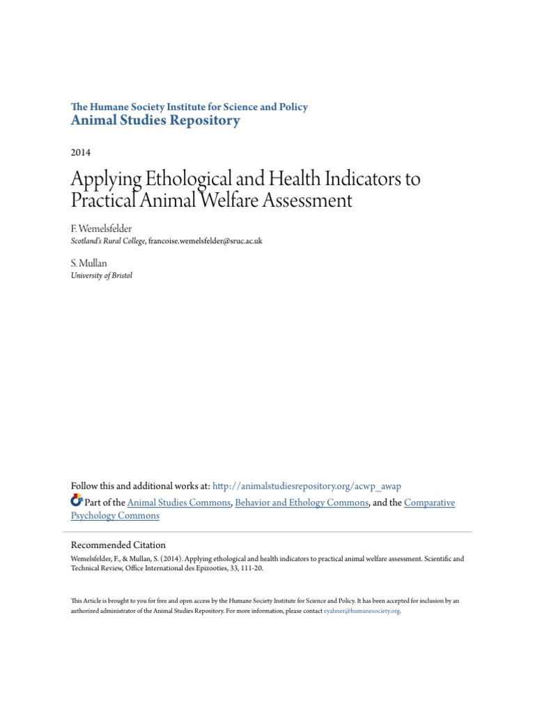 Applying Ethological and Health Indicators To Practical Animal We | PDF ...