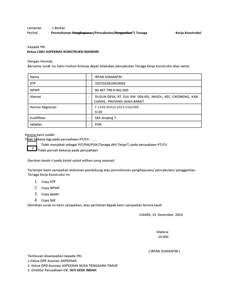 Surat Permohonan Pencabutan SKK | PDF