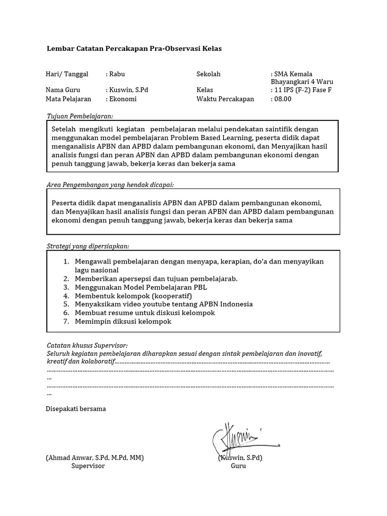 Lampiran 4 - Lembar Catatan Percakapan Pra-Observasi Kelas - CGP KUSWIN | PDF