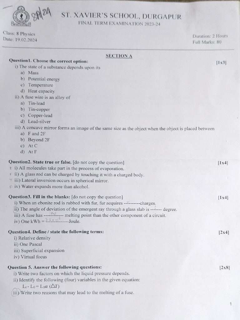 Class 8: PHYSICS Final Exam ICSE | PDF