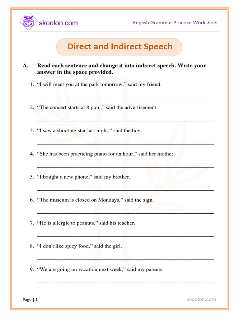 Reported Speech Worksheet Direct And Indirect Speech Worksheets