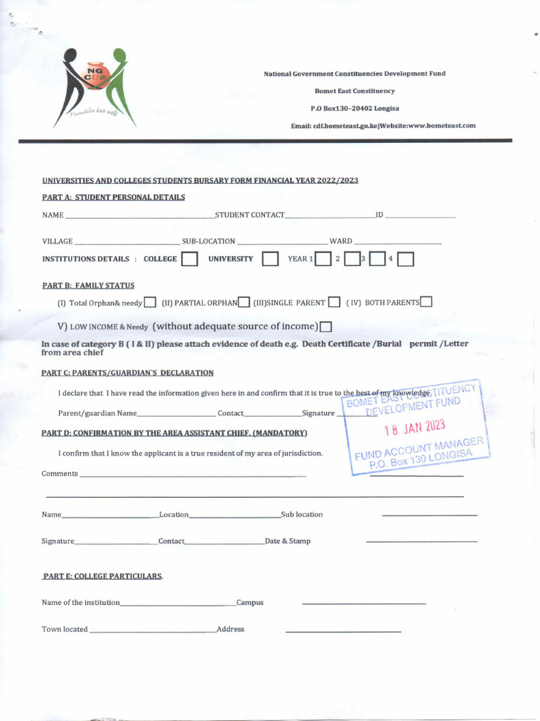NG-CDF Bursary Application Form For Bomet East Universities and Colleges Students . | PDF