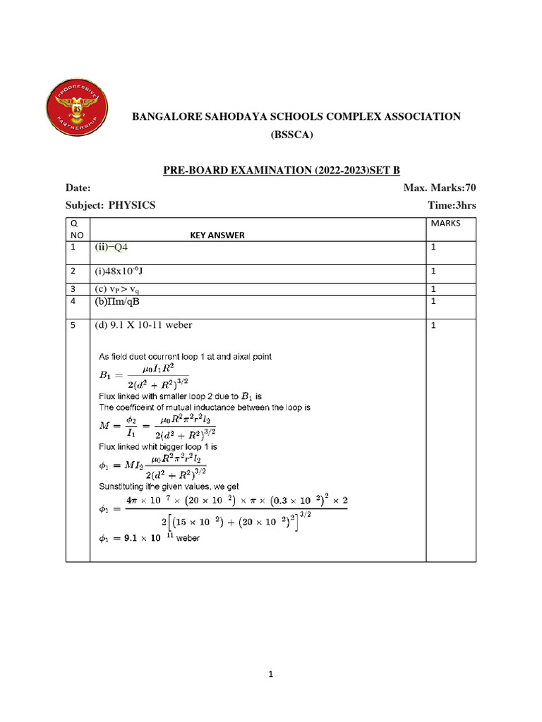 BSSCA Pre-Board Physics Exam Answers | PDF | Electric Current | Electromagnetism