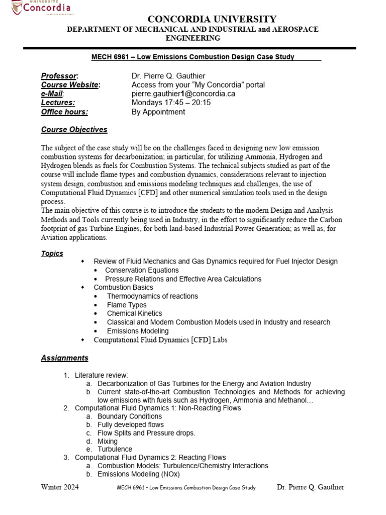 MECH 6961-W2024 - Low Emissions Combustion Design Case Study-W2024 | PDF