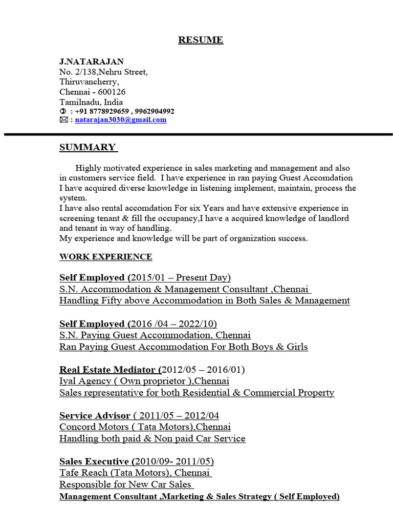 Sales and Management Resume of J. Natarajan | PDF | Sales | Leasehold ...