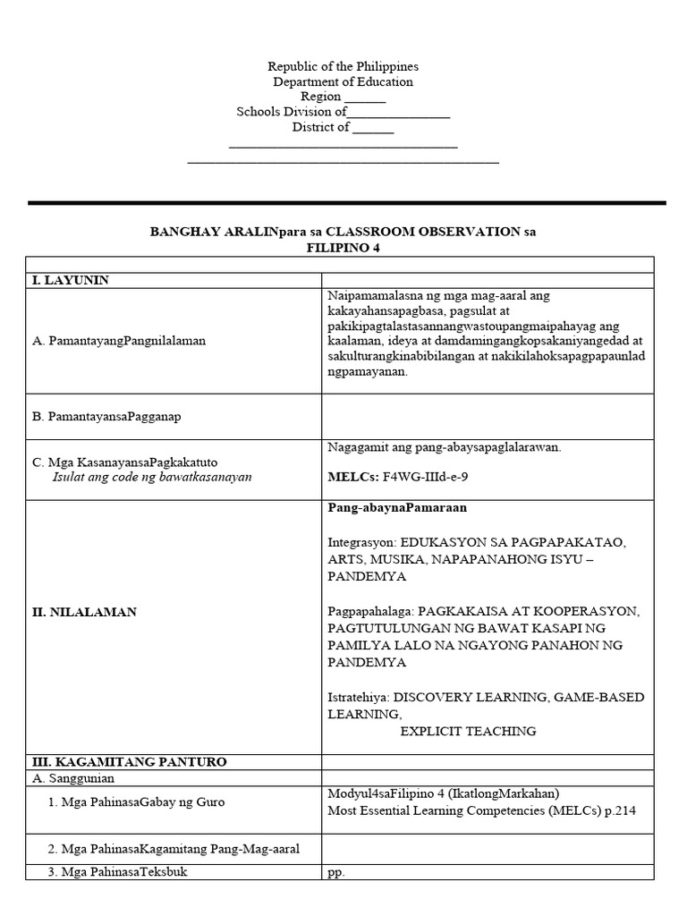 Co Lesson Plan Filipino 4 Pang Abay Na Pamaraan | PDF