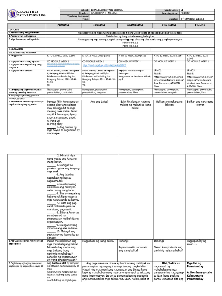 DLL - Filipino 6 - Q3 - W1 | PDF