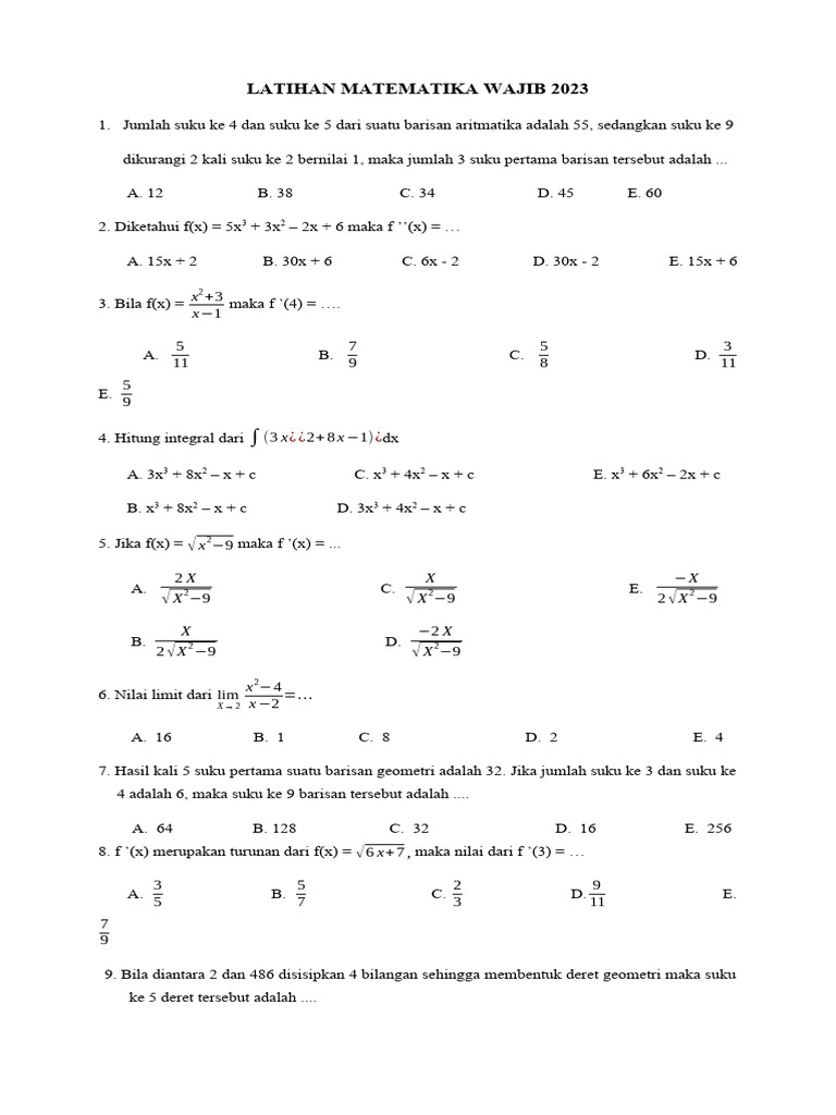 Latihan Matematika Wajib 2023 | PDF
