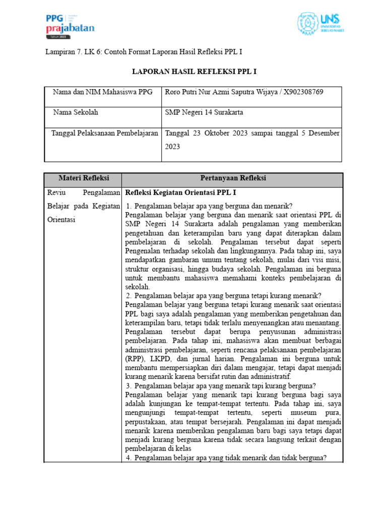 X902308769 - 01.05.6-B5-3 Unggah LK 6 - Laporan Hasil Refleksi PPL 1 | PDF