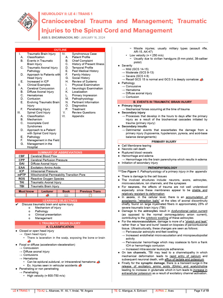 (NEU2) - 4.01-Craniocerebral Trauma and Management Traumatic Injuries To The Spinal Cord and ...