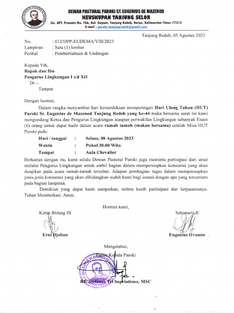 Surat Undangan & Pemberitahuan Ramah Tamah HUT Paroki (Fix) | PDF