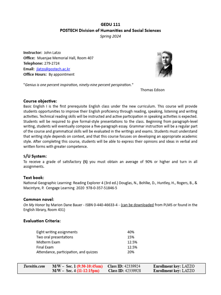 GEDU 111 Spring Syllabus (2024) | PDF | Essays | Learning