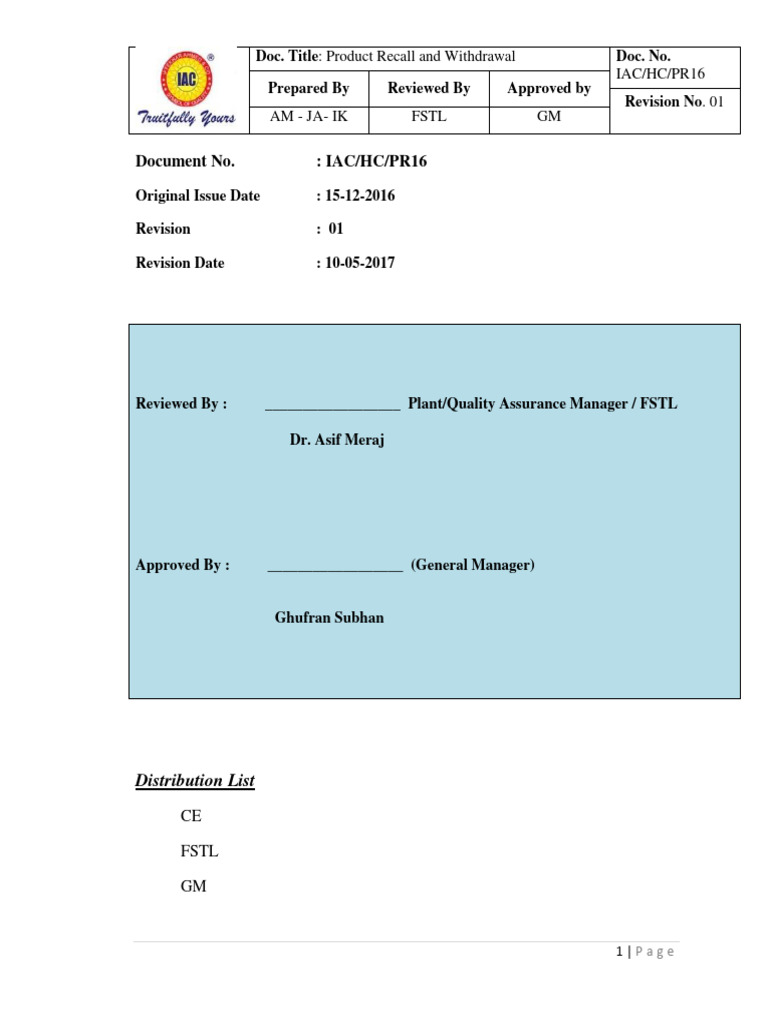 IAC-HC-HCPR16 Product Recall and Withdrawal | PDF | Risk Assessment | Risk