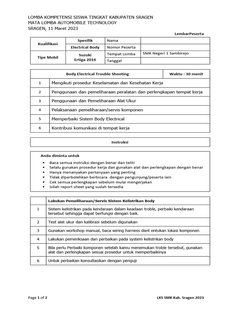 Report Sheet Kelistrikan Bodi - LKS 2023 | PDF