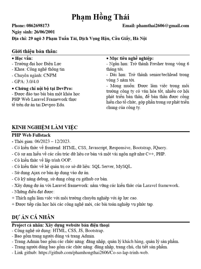Pham Hong Thai - PHP Web | PDF