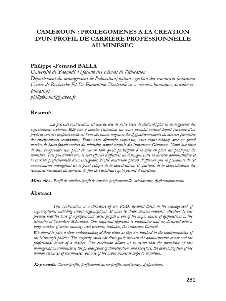 Profil de carrière au MINSEC au Cameroun | PDF | Max Weber | Enseignants