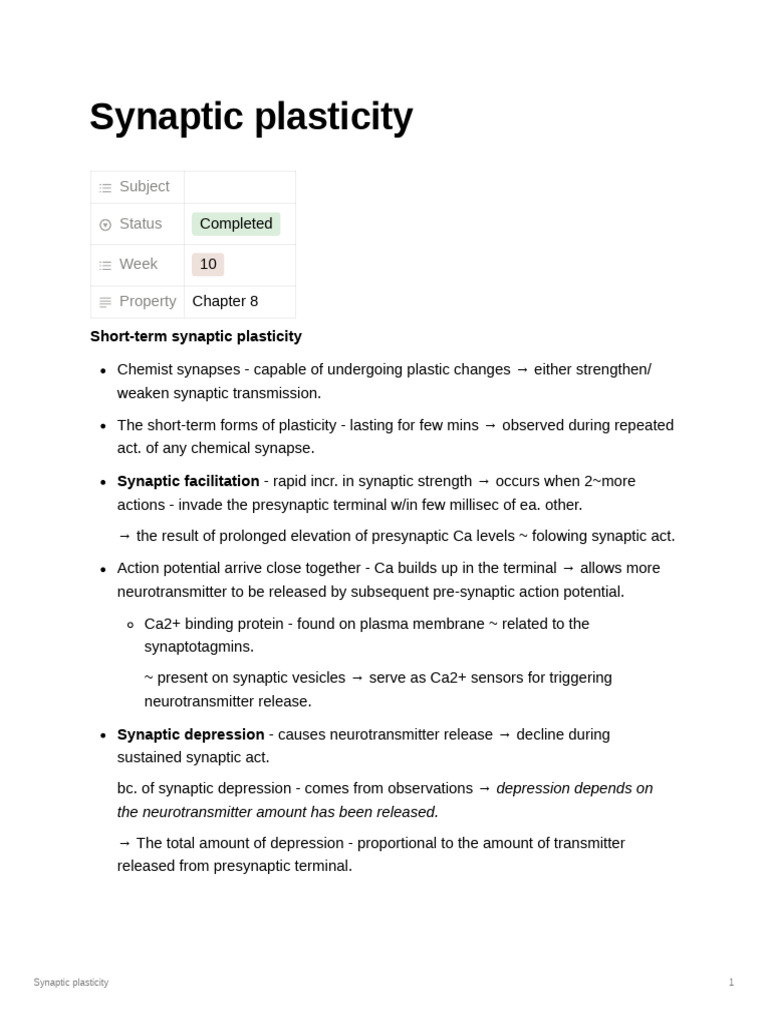 Synaptic Plasticity | PDF | Long Term Potentiation | Synaptic Plasticity