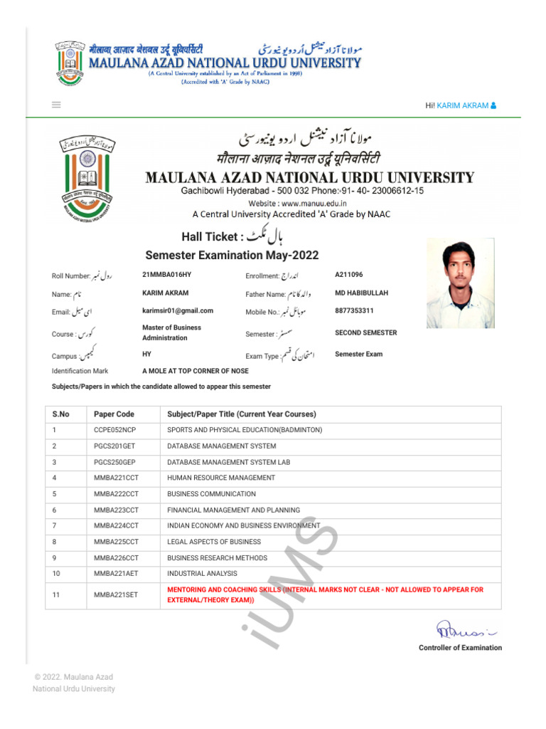 Hall Ticket: Semester Examination May-2022: Karim Akram | Download Free ...