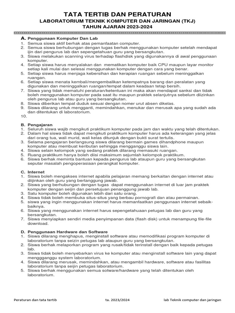 Tata Tertib Dan Peraturan Lab TKJ | PDF