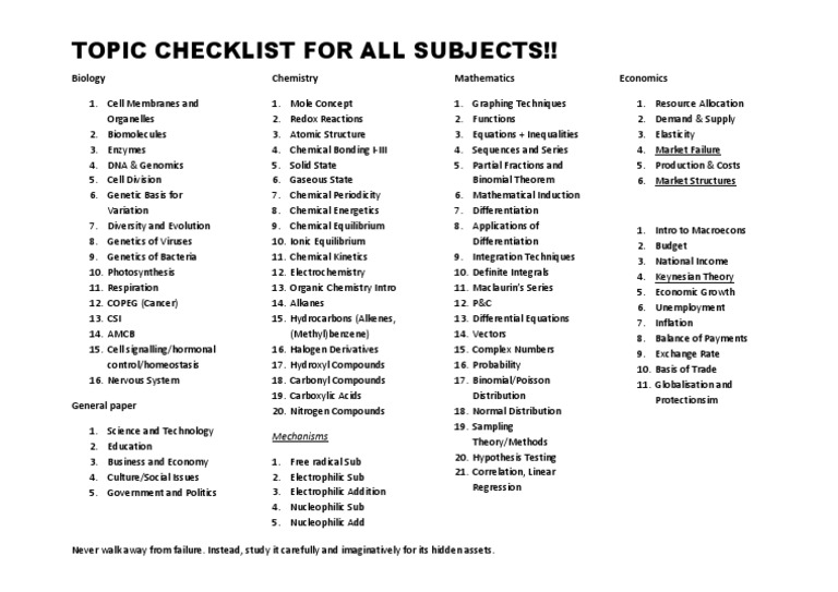 Comprehensive Subject Topic Checklist | PDF