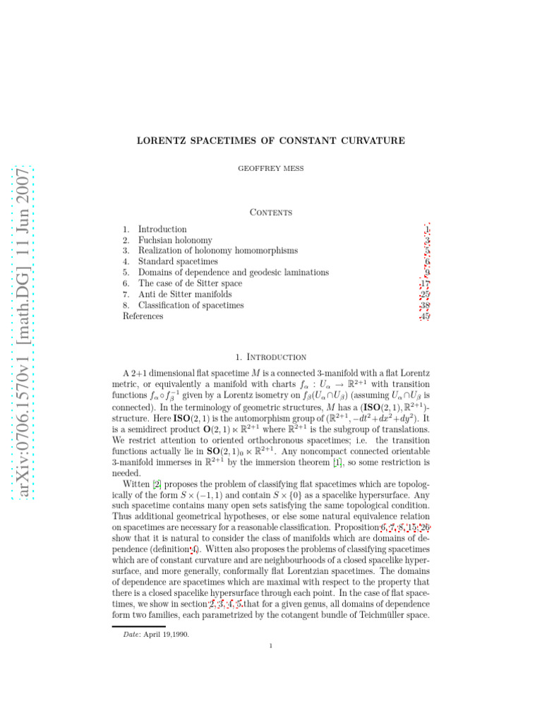 Lorentz Spacetimes Of Constant Curvature Pdf Manifold Spacetime