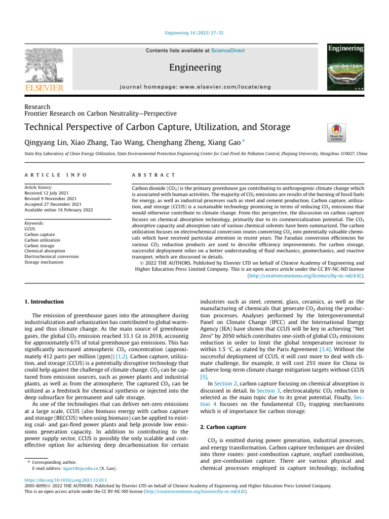 Technical Perspective Of Carbon Capture Utilization And Storage Pdf Carbon Capture And
