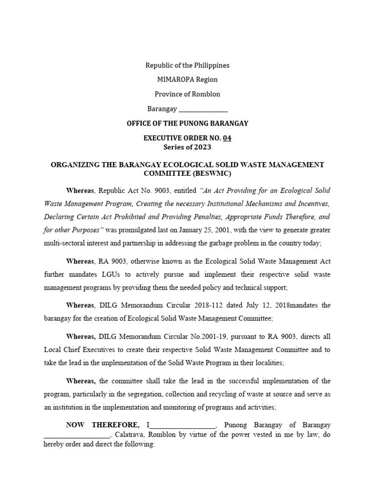 EO Barangay Ecological Solid Waste and Management Committee | PDF ...