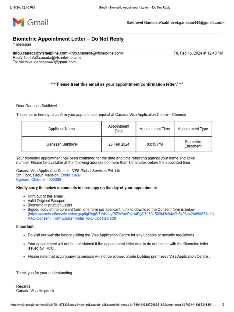 Gmail - Biometric Appointment Letter - Do Not Reply | PDF ...