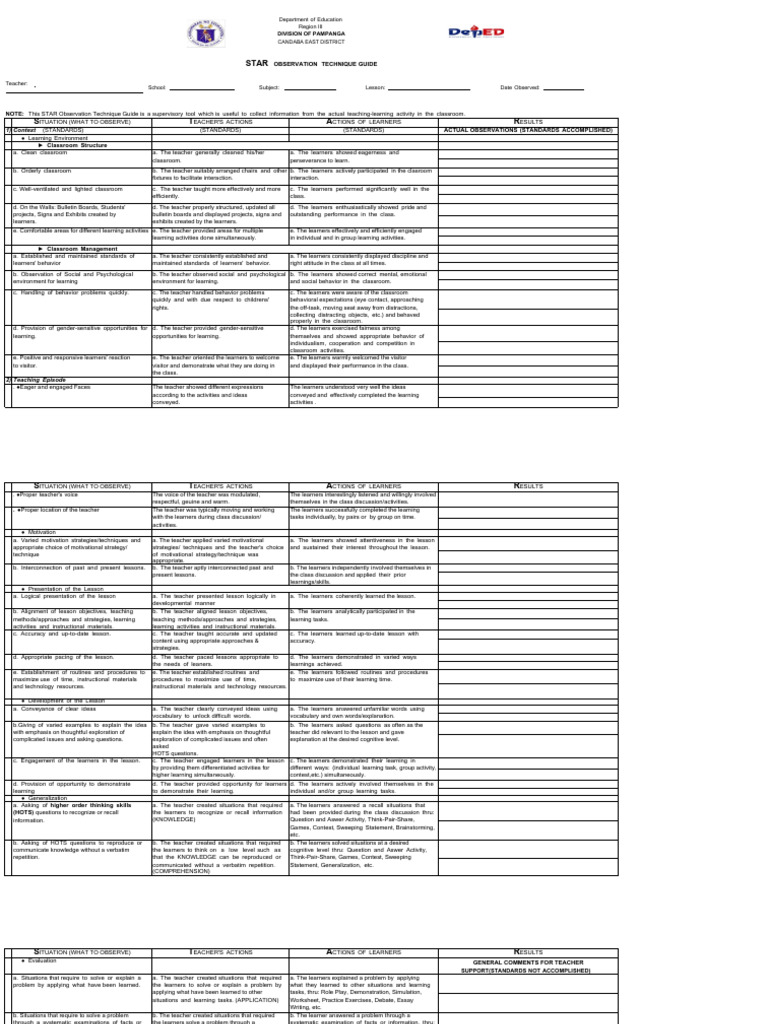 STAR Observation Technique | PDF | Learning | Teachers
