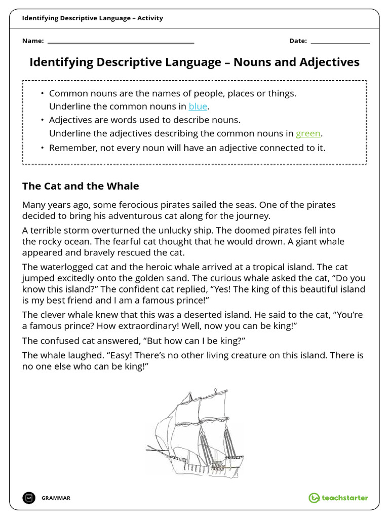 Identifying Descriptive Language Worksheets Nouns Adjectives Verbsand ...