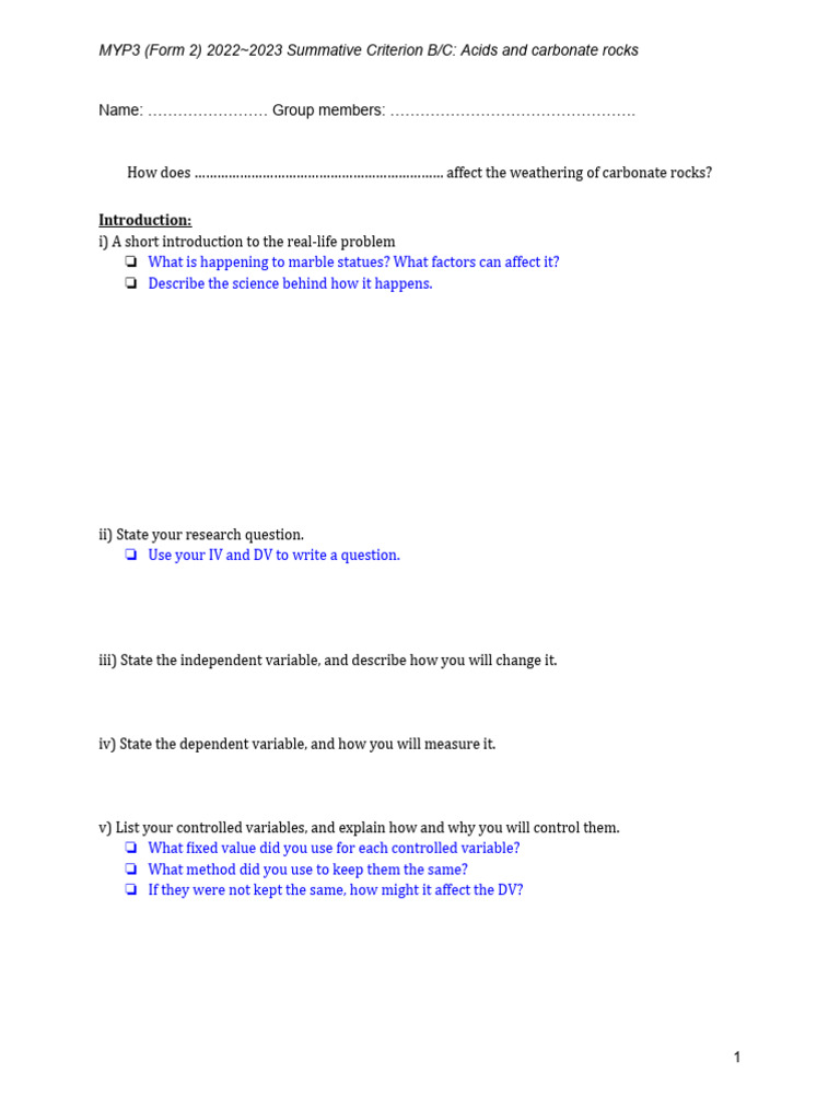 Summative Crit B C Form 2 Acid and Carbonate Rocks | PDF | Scientific ...