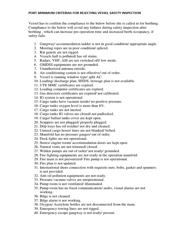Safety Checklist For Vessel Acceptance by Port | PDF