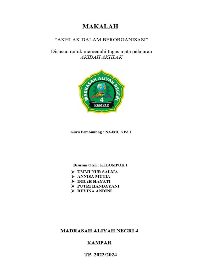 Makalah Akhlak Dalam Organisasi Kelompok 1 | PDF