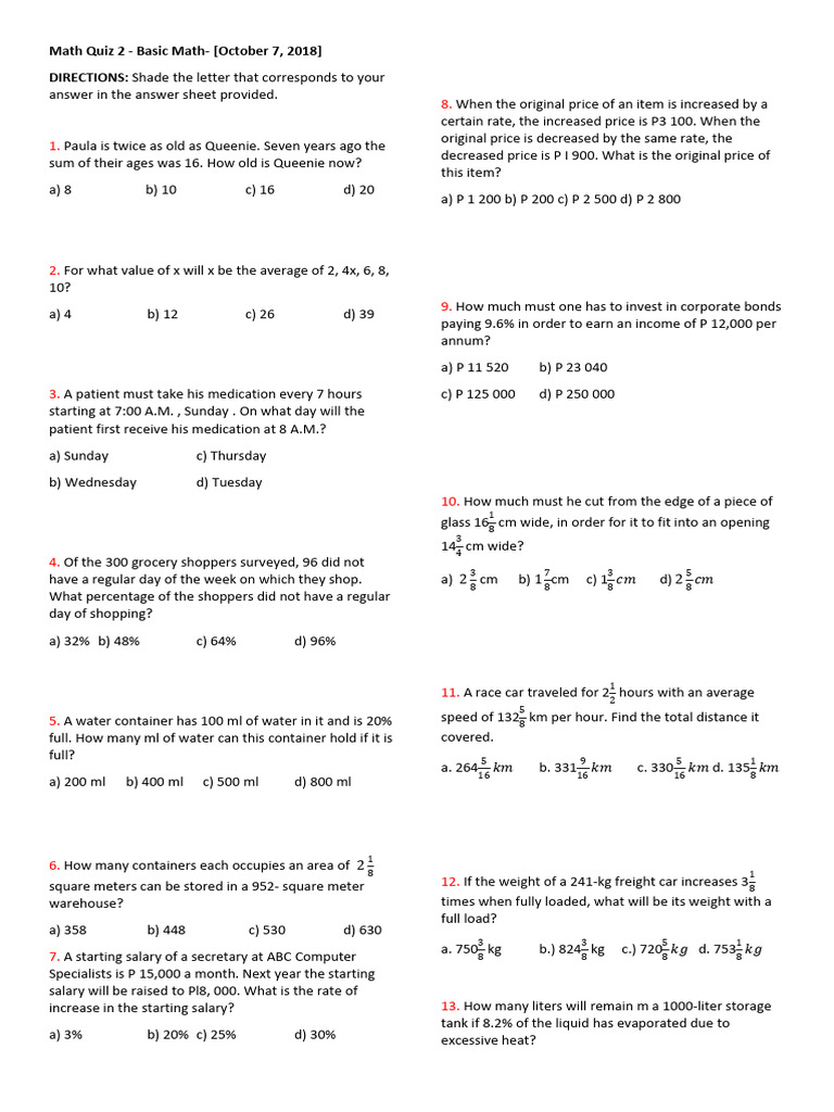 Basic Math Quiz with 30 Questions | PDF | Length | Economies