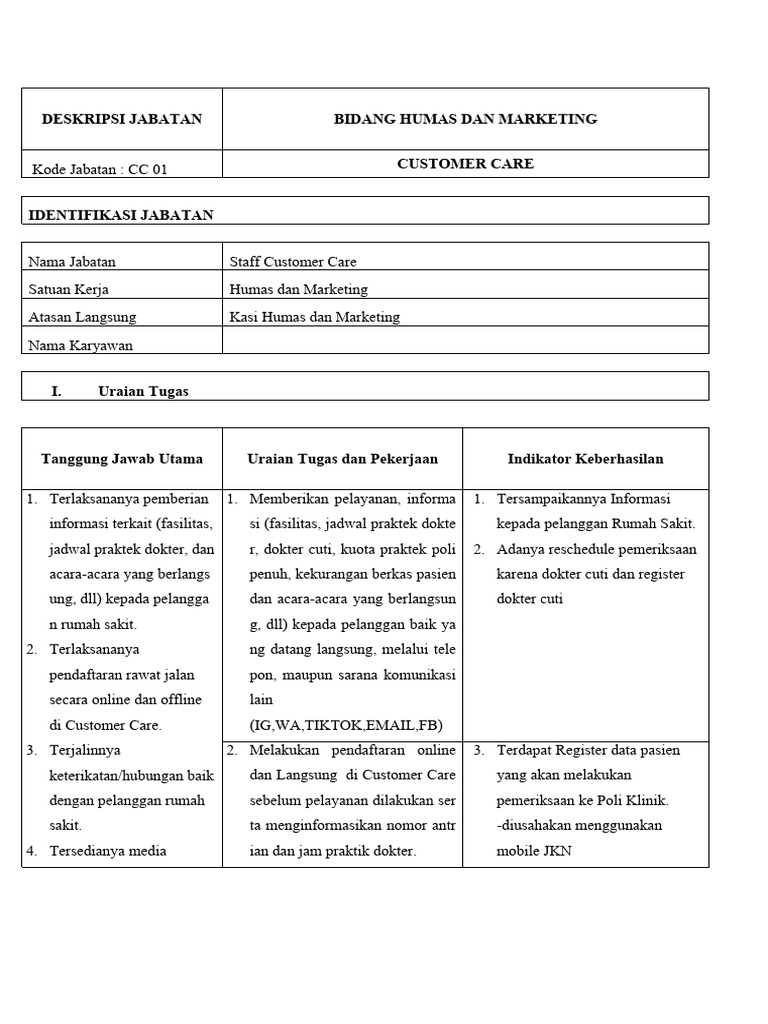 Tugas Staff Customer Care Rumah Sakit | PDF