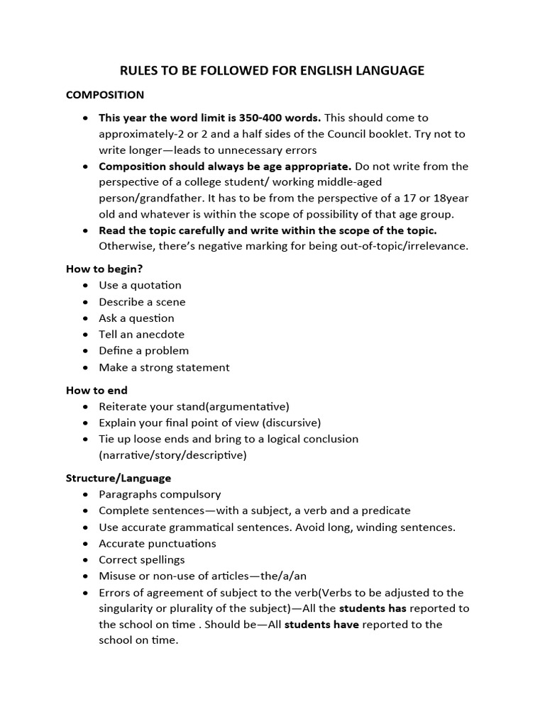 RULES TO BE FOLLOWED FOR ENGLISH LANGUAGE | PDF | Subject (Grammar) | Word