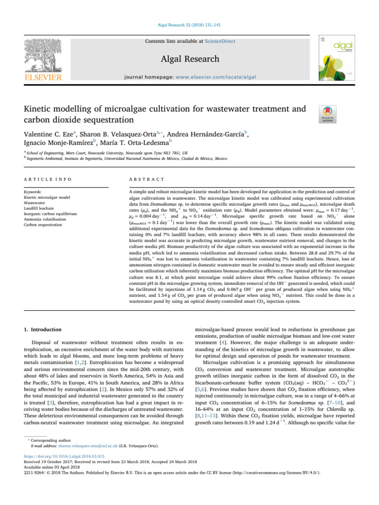 Kinetic Modelling of Microalgae Cultivation For Wastewater Treatment and Carbon Dioxide ...