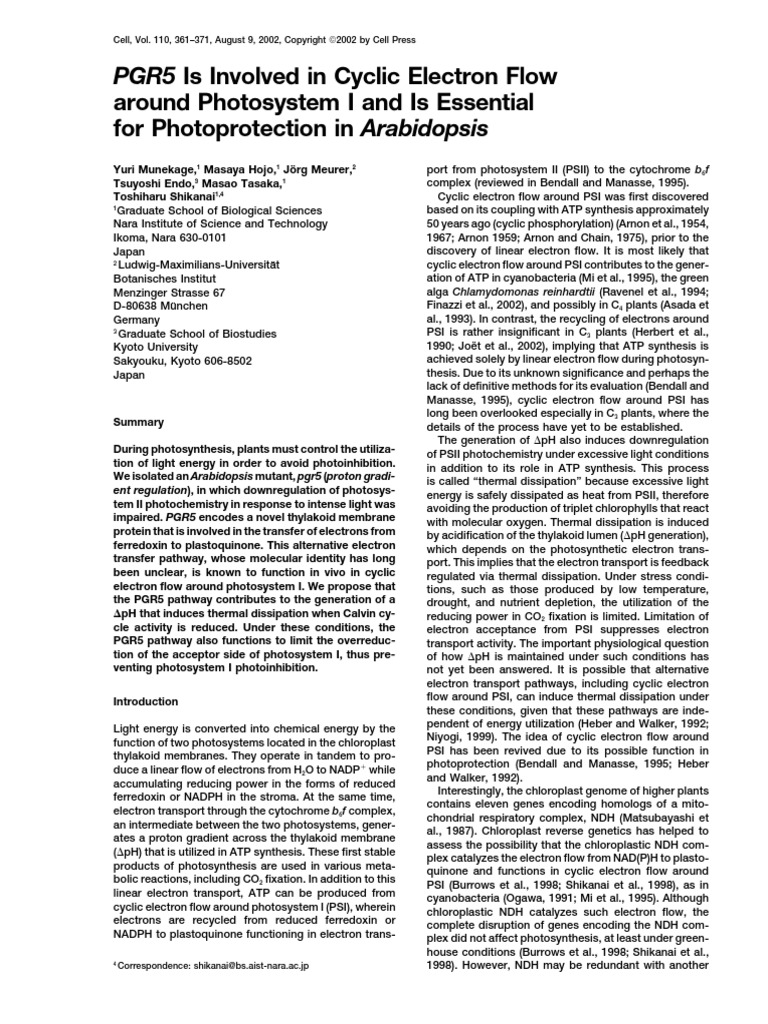 PGR5 Is Involved in Cyclic Electron Flow Around Photosystem I and Is ...