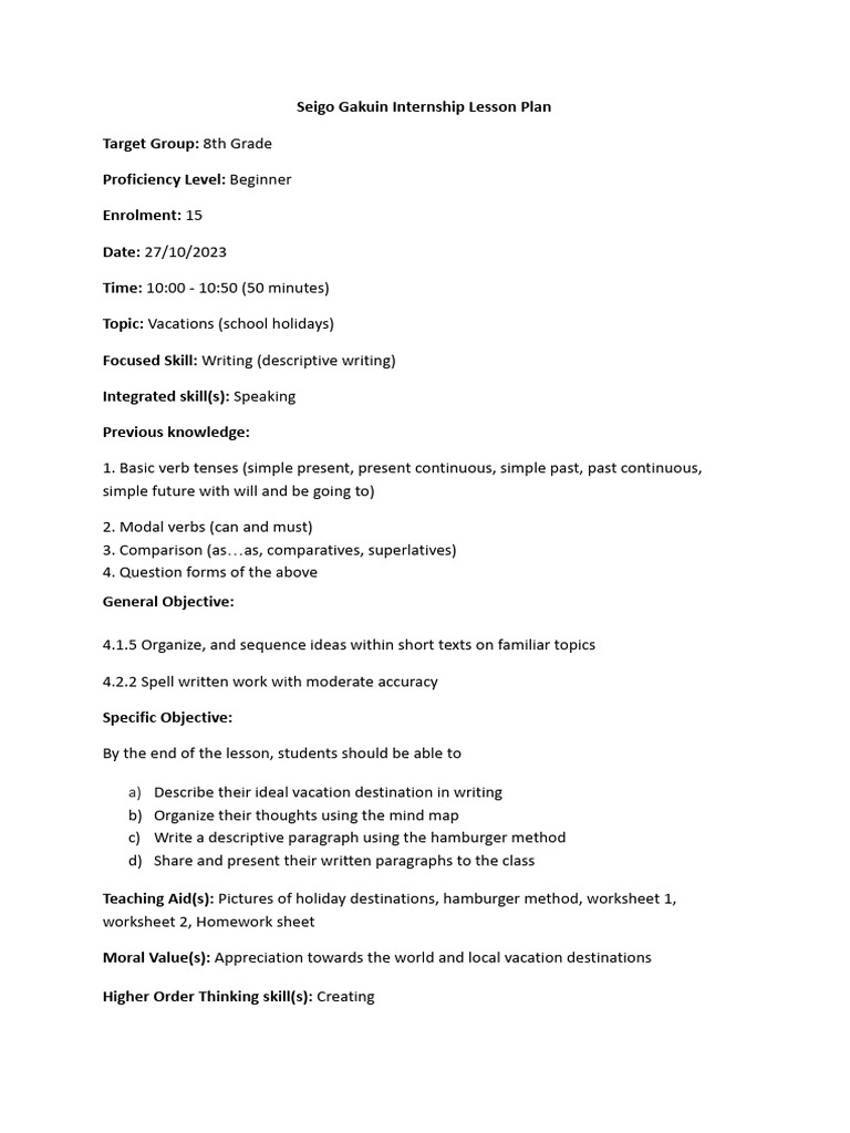 Seigo Gakuin Internship Lesson Plan | PDF | Lesson Plan | Teachers