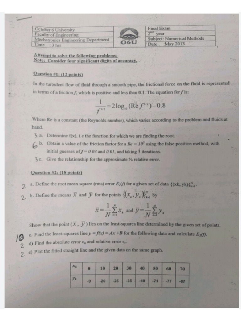 Numerical Methods Exam With Solution | PDF