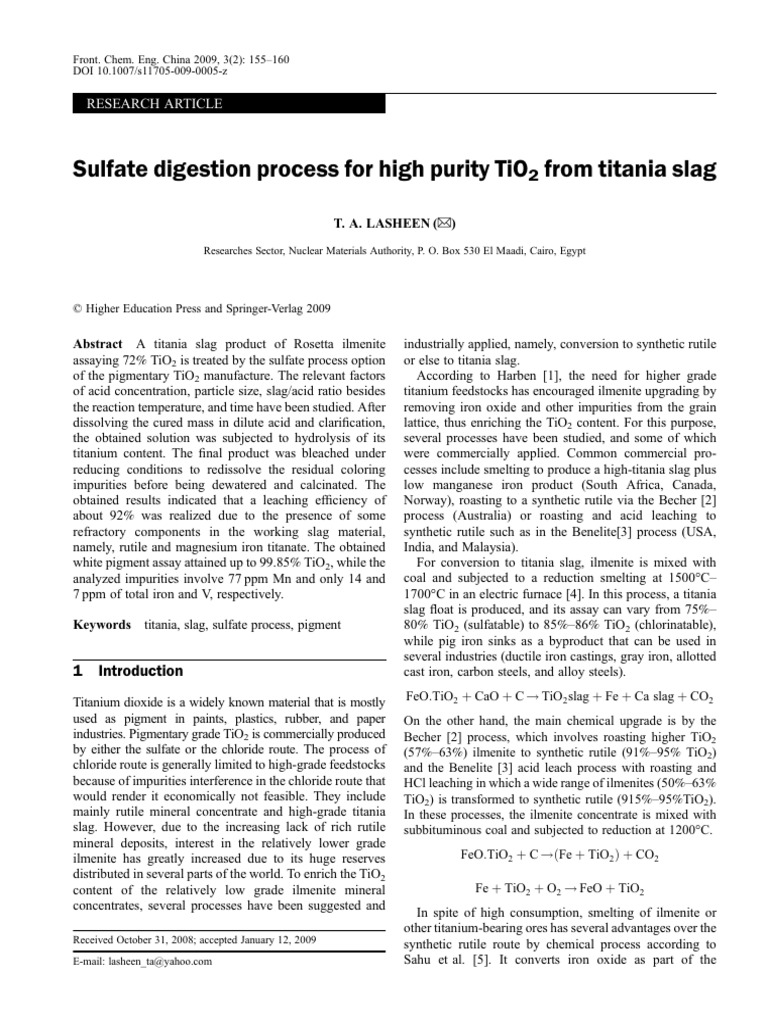 Sulfate Digestion Process For High Purity Tio From Titania Slag | PDF ...