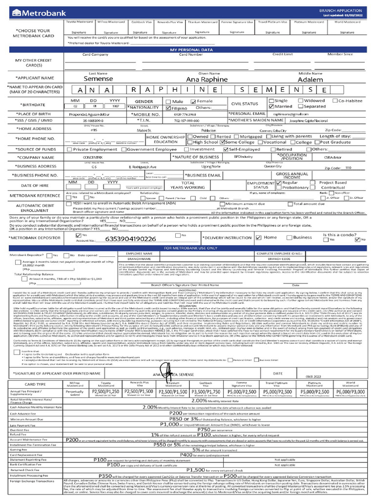 MCC Credit Card Metrobank Branch Application Form (No Cards With PEP ...
