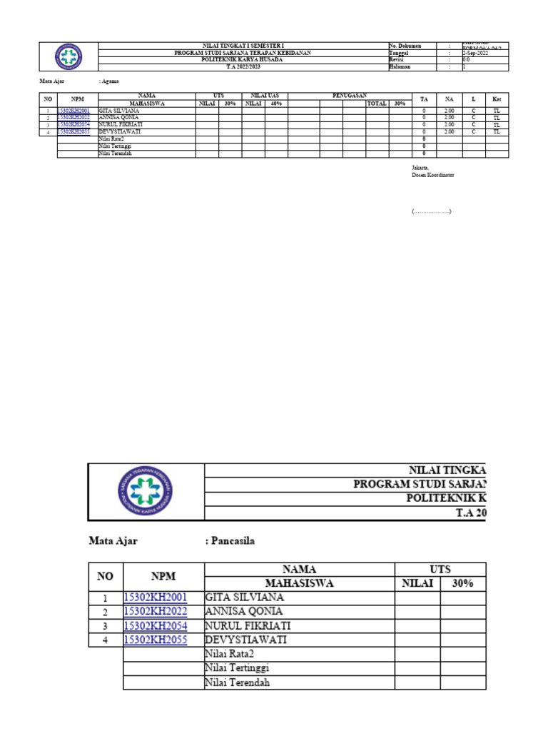 Form Nilai TK 1 | PDF